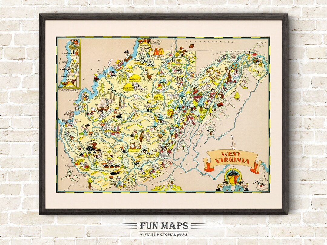 Fun State Map of West Virginia Vintage Pictorial Whimsical Cartoon ...