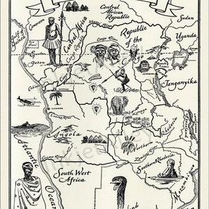 Map of Congo Africa - Vintage Pictorial Fun Cartoon Old Print ...