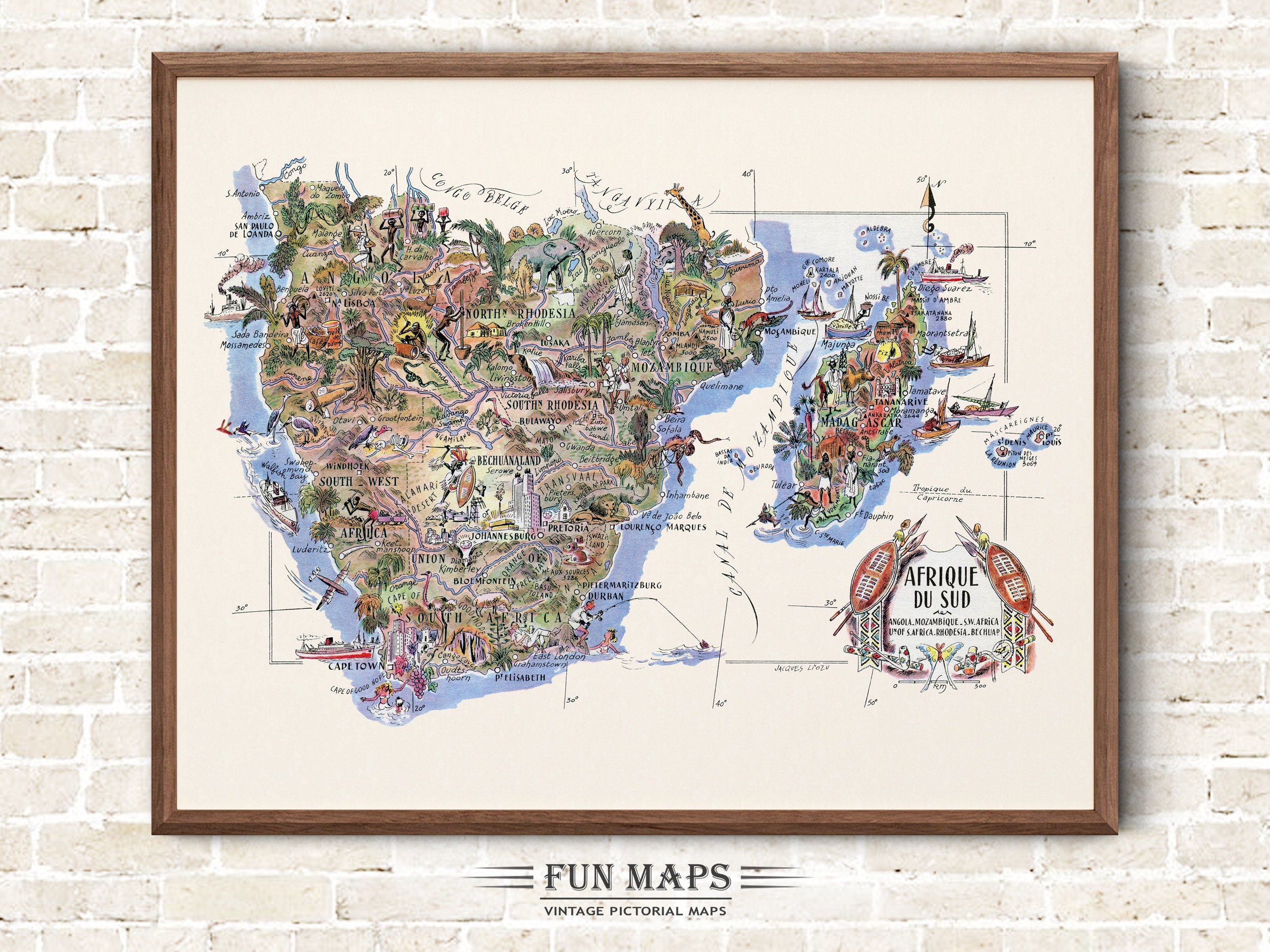 Fun Map of South Africa Vintage Pictorial Whimsical Cartoon Old Print ...