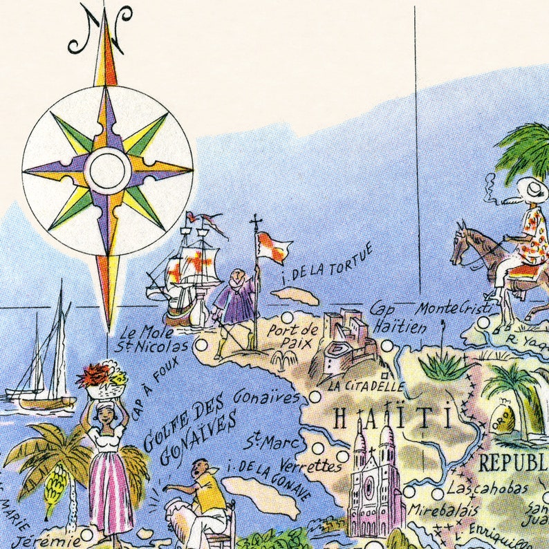 Fun Map of Haiti & the Dominican Republic in the Caribbean – Vintage ...
