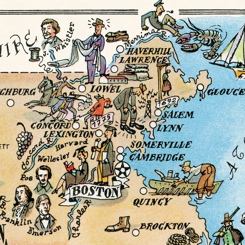 Fun State Map of Massachusetts Vintage Pictorial Whimsical Cartoon ...