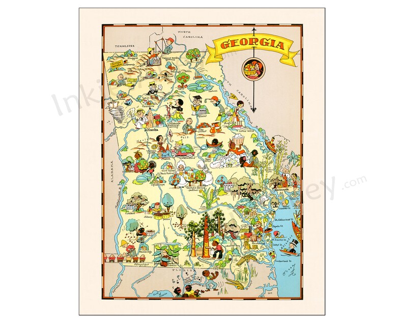 Fun State Map of Georgia Vintage Pictorial Whimsical Cartoon Print ...
