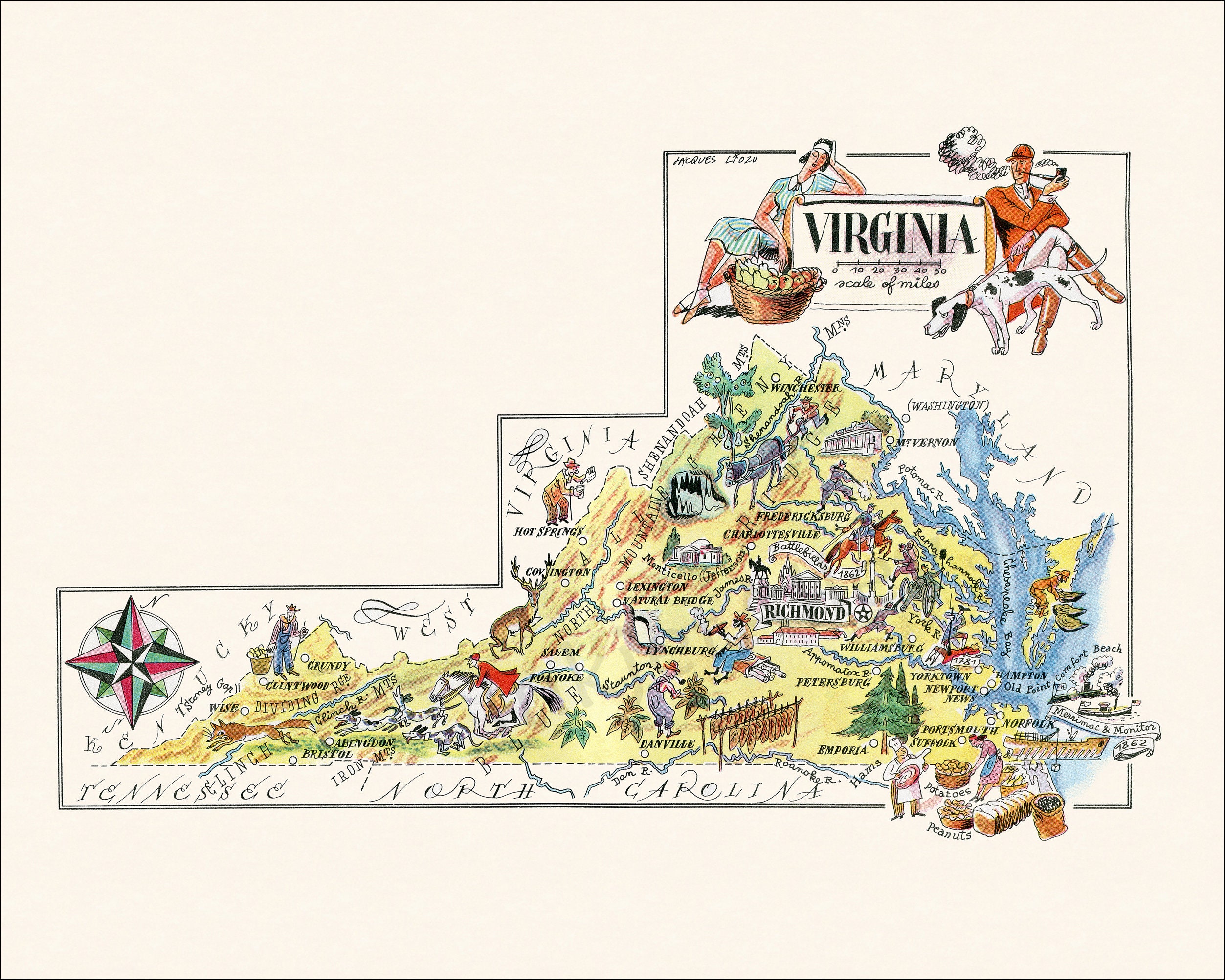 Fun State Map of Virginia – Vintage Pictorial Whimsical Cartoon Print ...