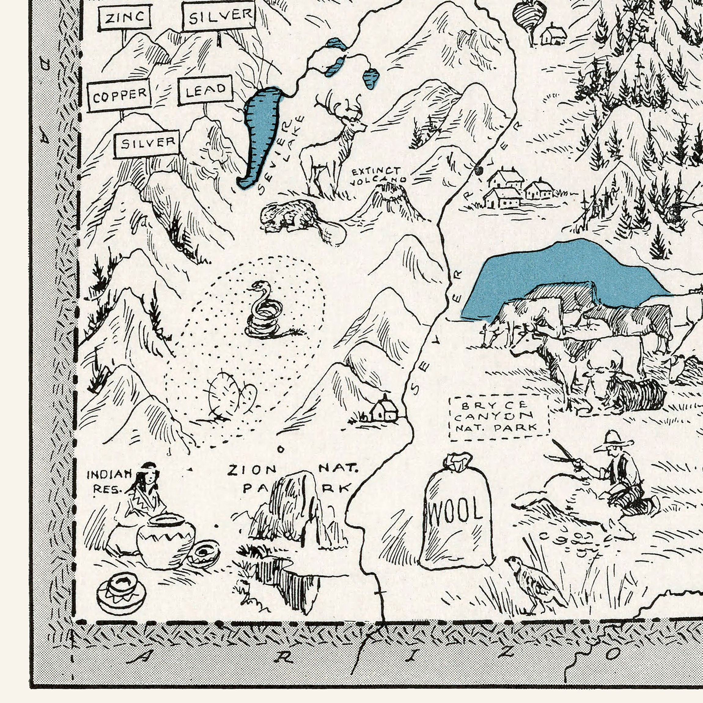 Fun Map of Utah Vintage Pictorial Whimsical Cartoon Print Illustration ...