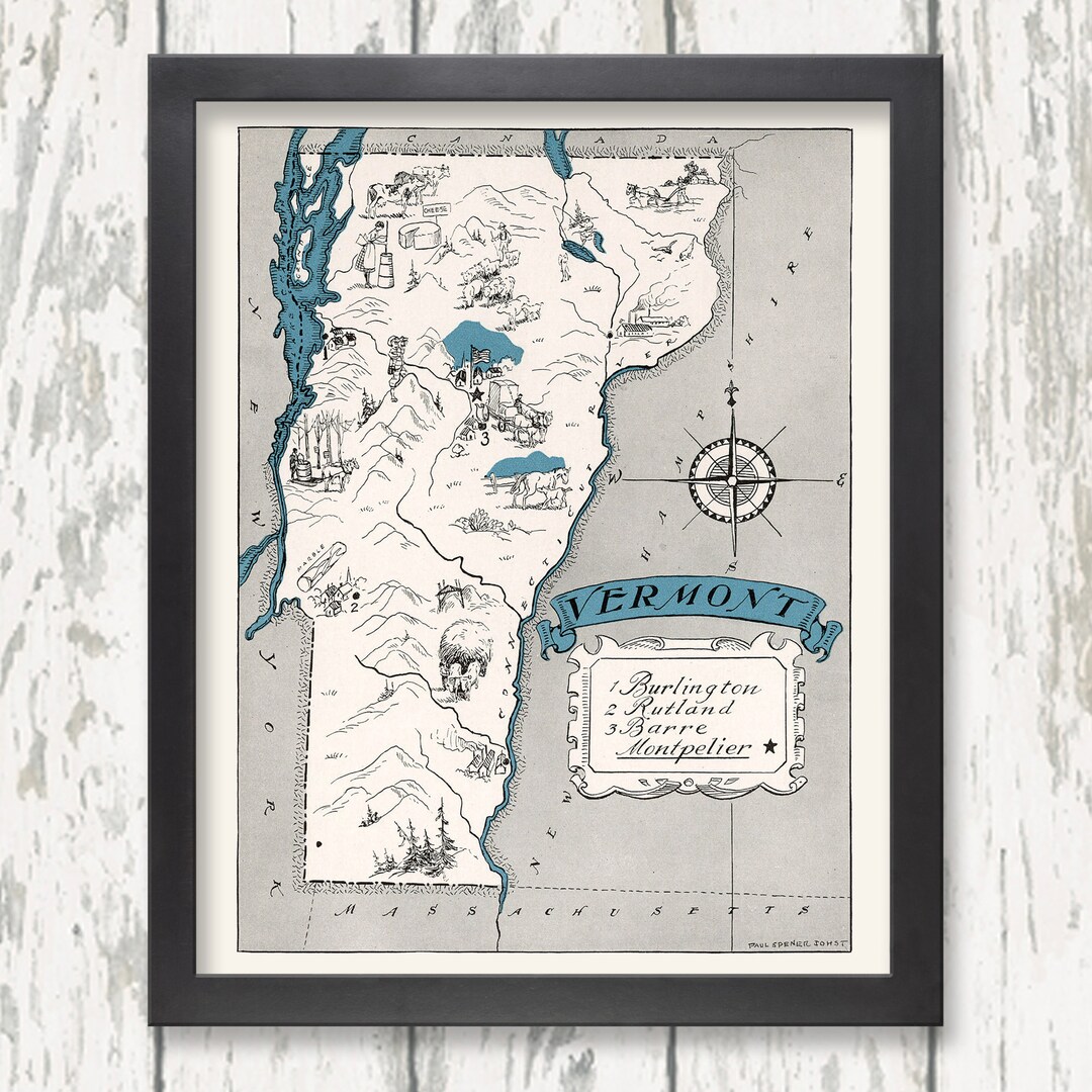 Fun Map of Vermont Vintage Pictorial Whimsical Cartoon Print - Etsy