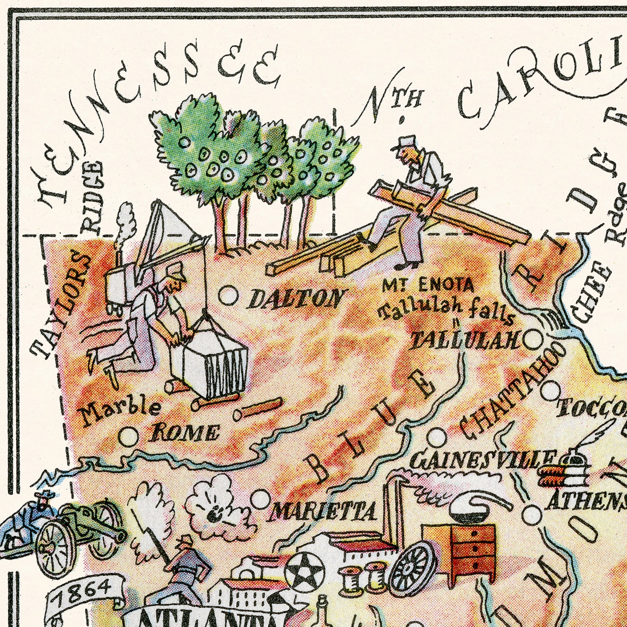 Fun State Map of Georgia – Vintage Pictorial Whimsical Cartoon Print ...