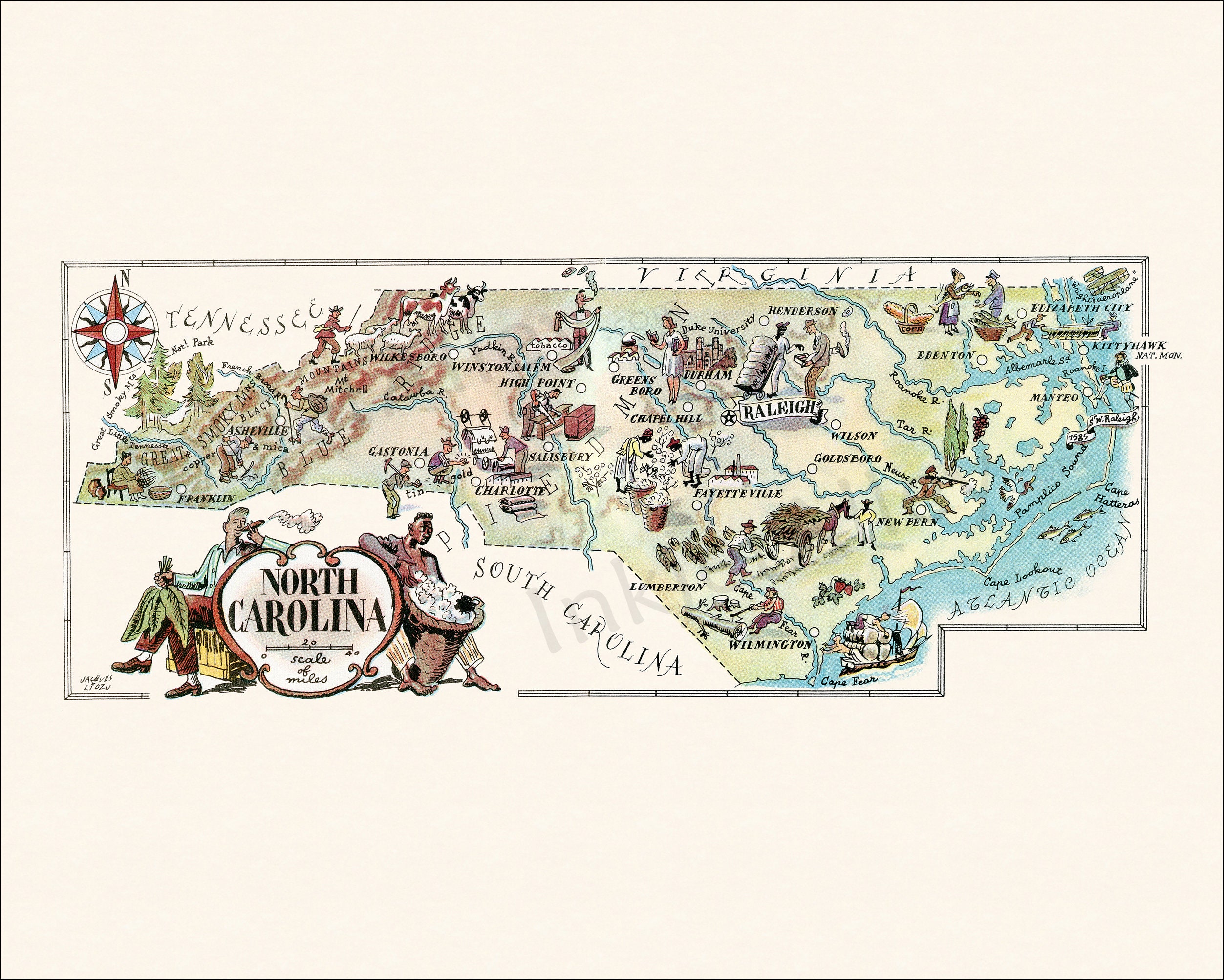 Fun State Map of North Carolina – Vintage Pictorial Whimsical Cartoon ...