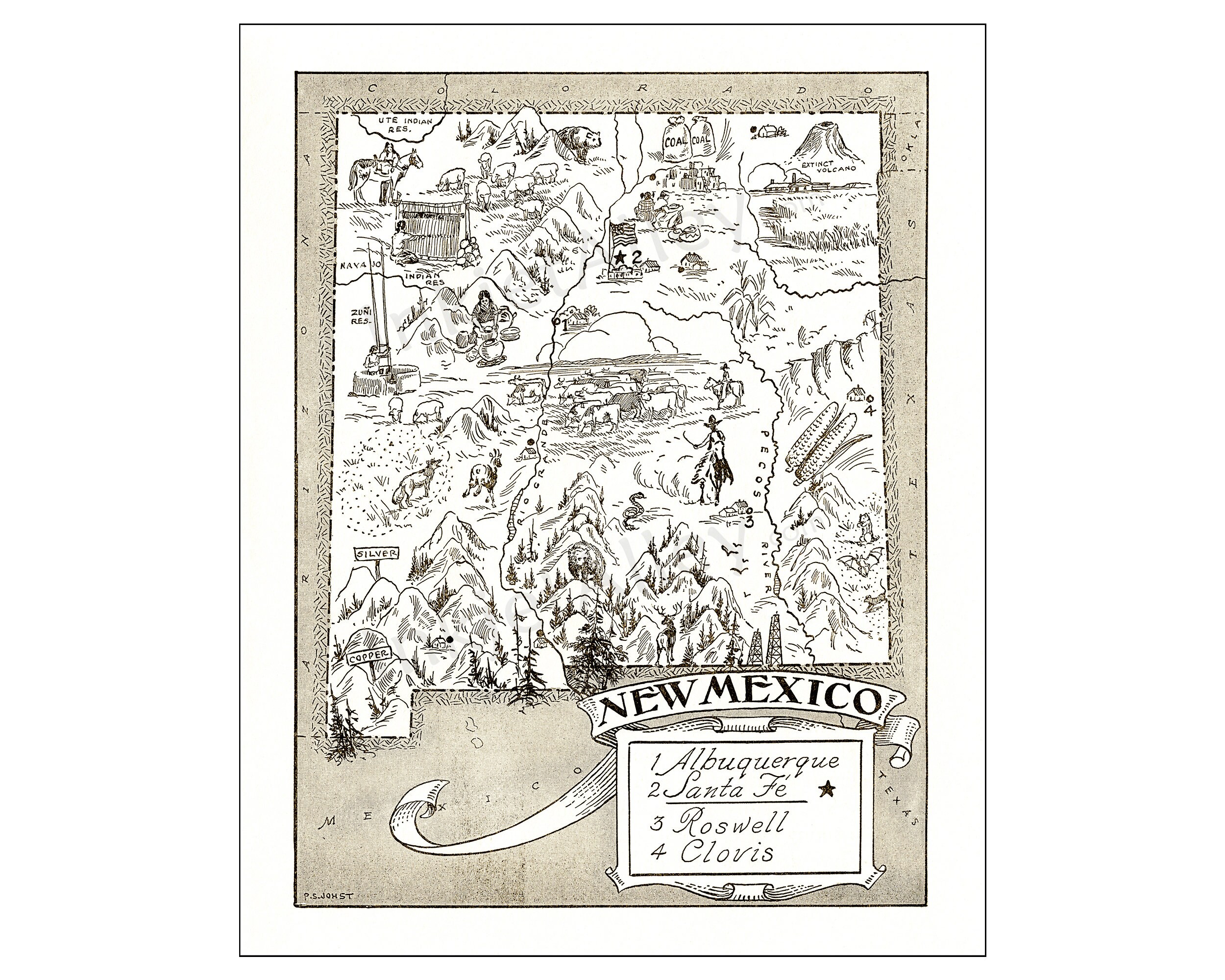 Vintage State Map of New Mexico Fun Pictorial Whimsical Cartoon Print ...