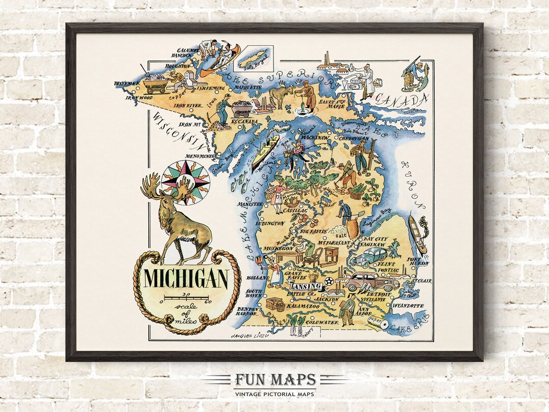 Fun State Map of Michigan – Vintage Pictorial Whimsical Cartoon Print ...