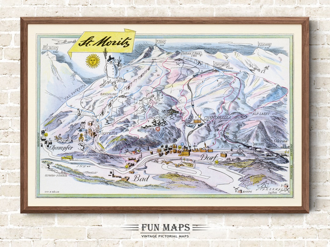 Fun Ski Run Trail Map of St Moritz in the Swiss Alps, Switzerland ...