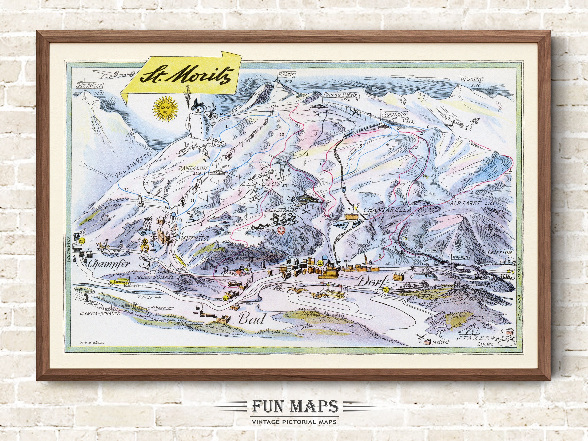 Fun Ski Run Trail Map of St Moritz in the Swiss Alps, Switzerland ...