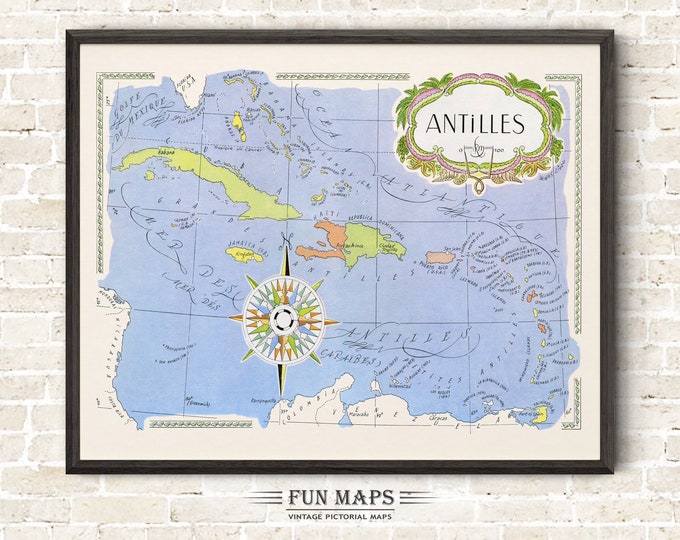 Fun Map of the Antilles in the Caribbean – Vintage Pictorial Whimsical ...