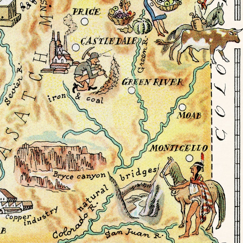 Fun State Map of Utah Vintage Pictorial Whimsical Cartoon - Etsy