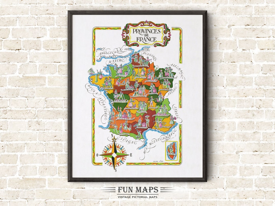 Fun Map of Provinces De France, Provinces in France, FR - Vintage ...