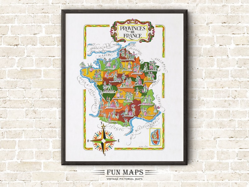 Fun Map of Provinces De France, Provinces in France, FR Vintage ...