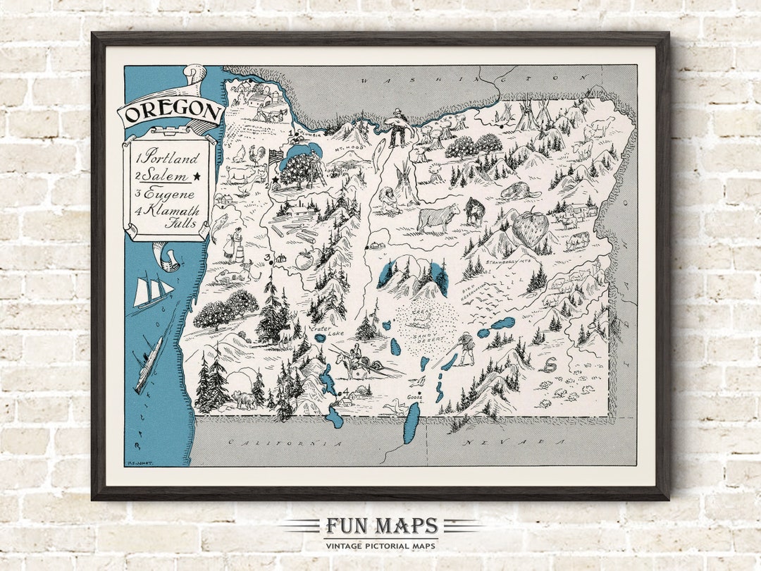 Fun Map of Oregon – Vintage Pictorial Whimsical Cartoon Print ...
