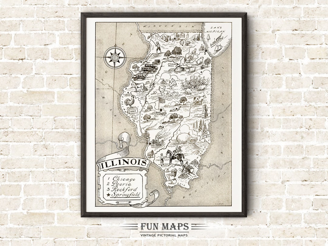 Vintage State Map of Illinois – Fun Pictorial Whimsical Cartoon Print ...