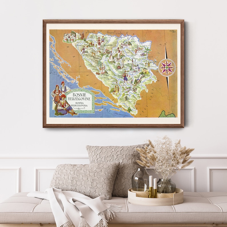Old Map of Bosnia Herzegovina Vintage Pictorial Whimsical Cartoon Print Illustration Wall Art ...