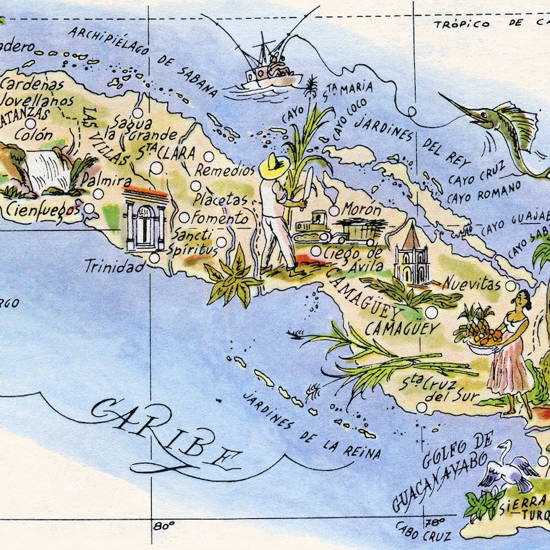 Fun Map of Cuba in the Caribbean – Vintage Pictorial Whimsical Cartoon ...