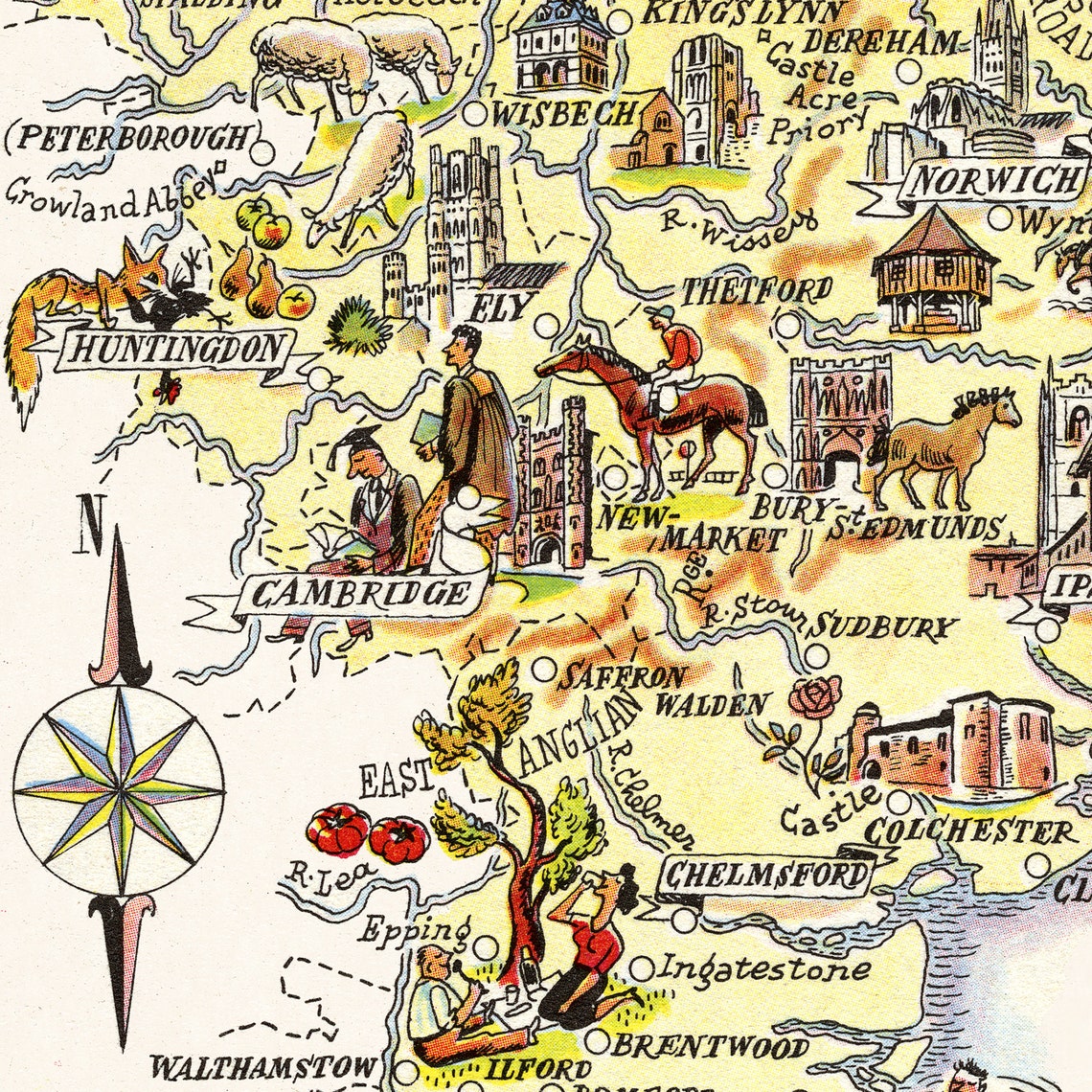 Fun Map of Eastern England in Great Britain, England, UK, Vintage ...