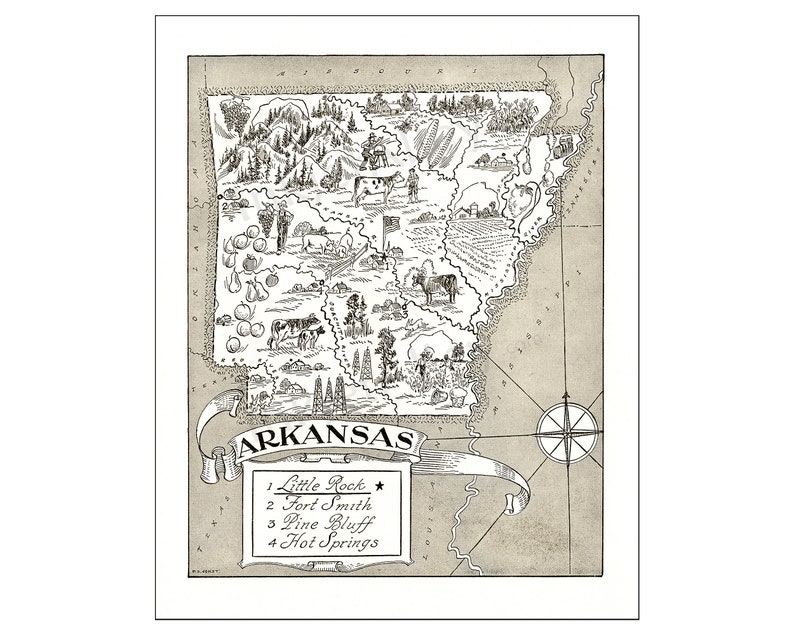 Vintage State Map of Arkansas– Fun Pictorial Whimsical Cartoon Print ...