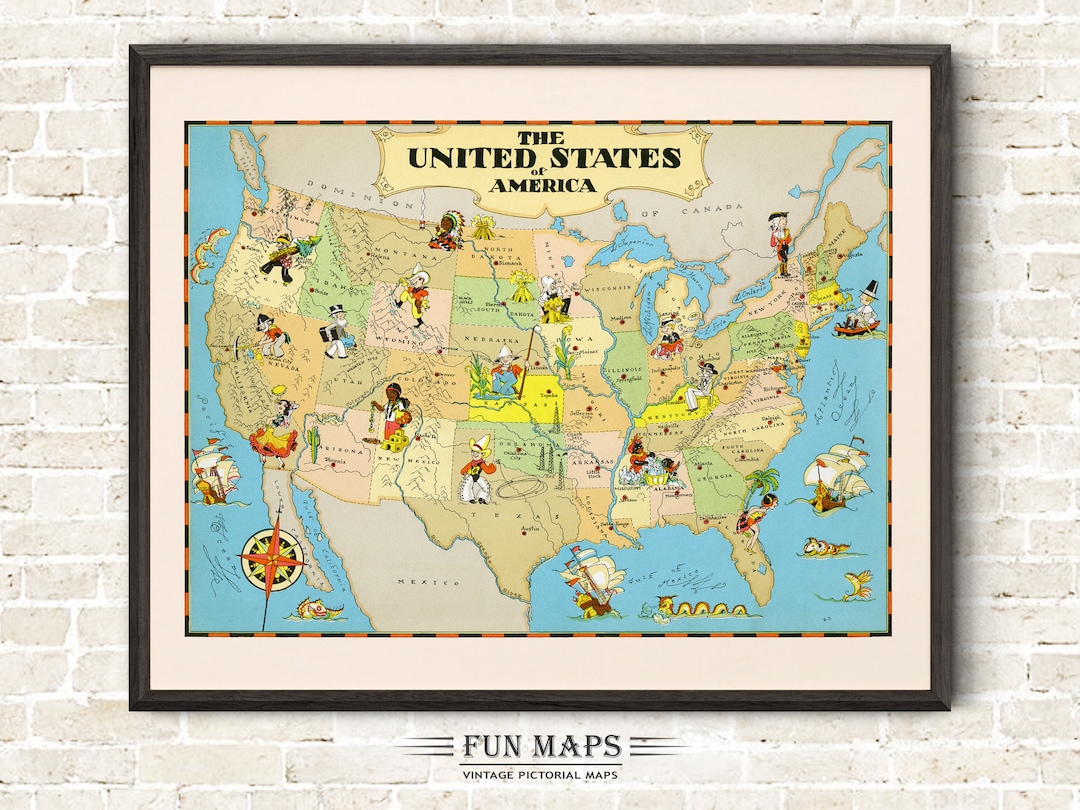 Fun Map of the United States – Vintage Pictorial Whimsical Cartoon ...