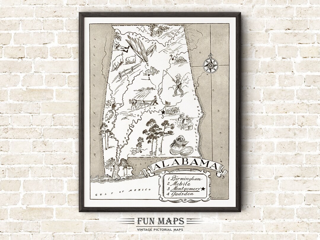 Vintage State Map of Alabama – Fun Pictorial Whimsical Cartoon Print ...