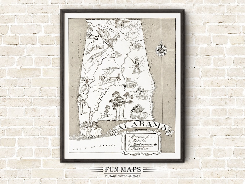 Vintage State Map of Alabama Fun Pictorial Whimsical Cartoon - Etsy