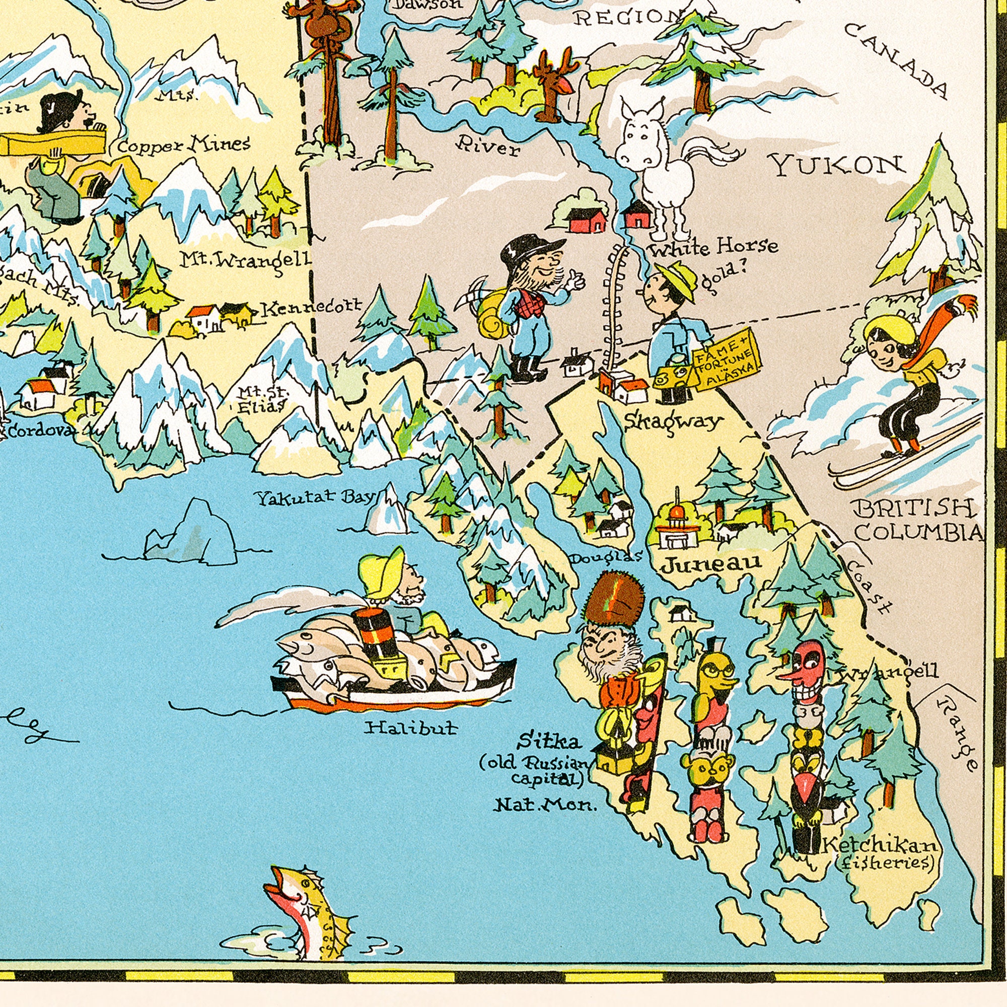 Fun State Map of Alaska Vintage Pictorial Whimsical Cartoon Print ...