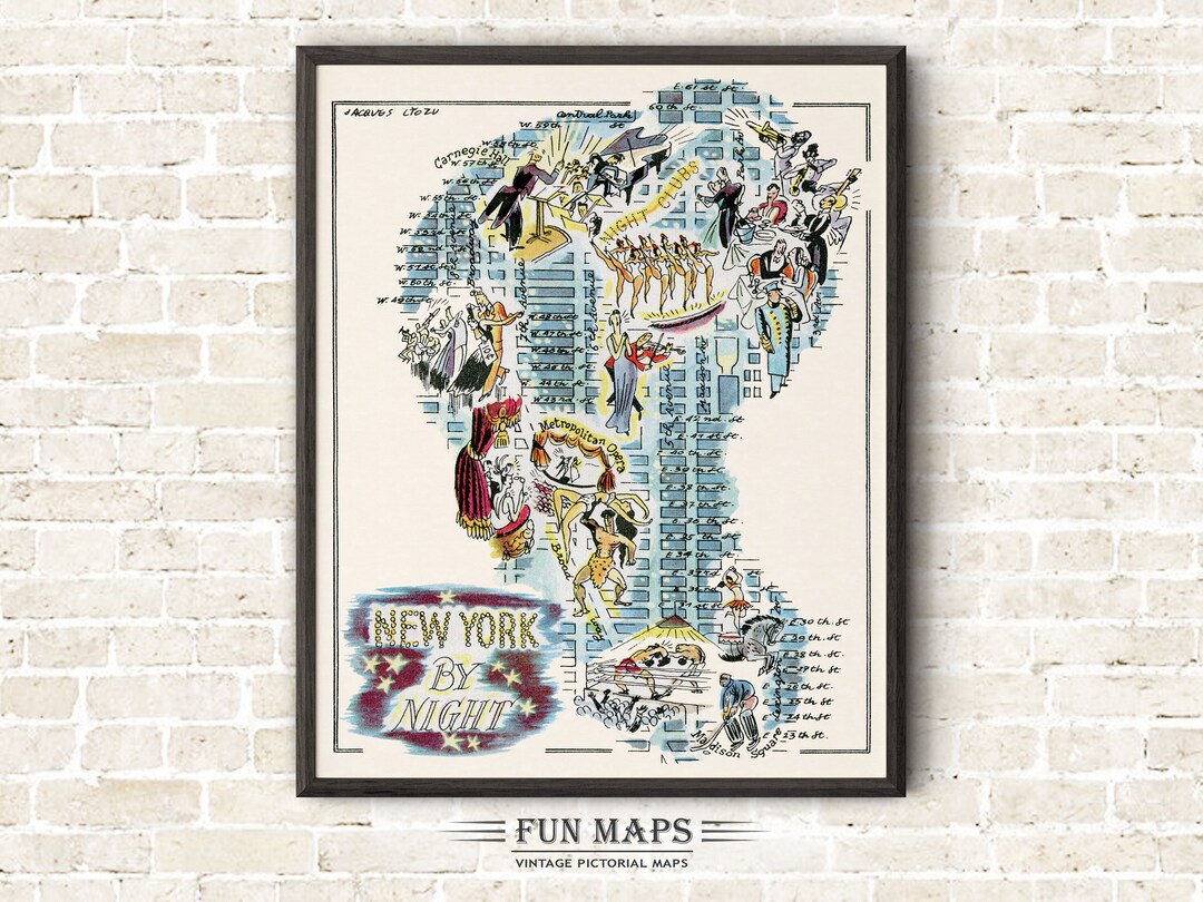 Fun Map of New York by Night - Vintage Pictorial Whimsical Cartoon ...