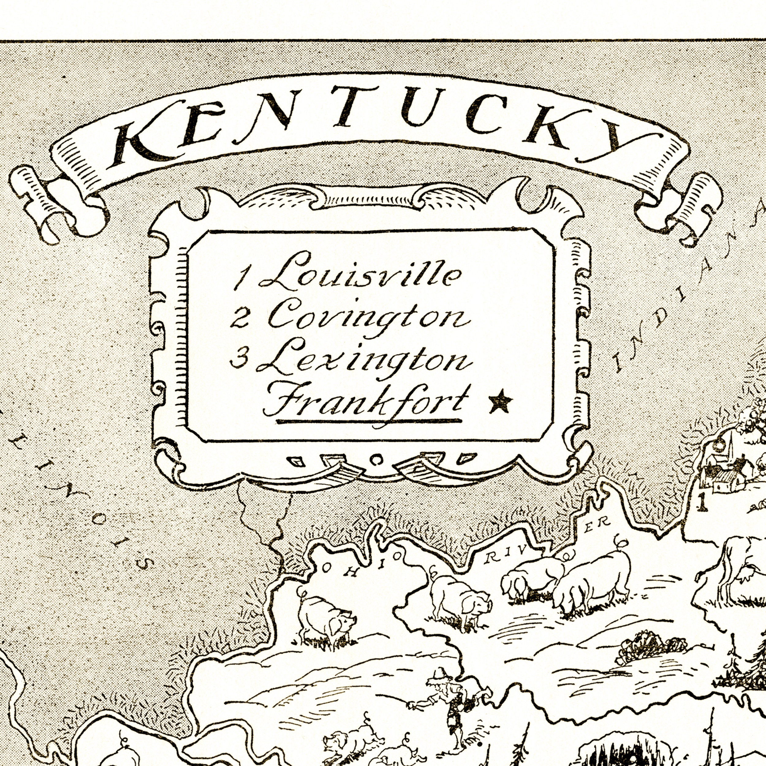 Vintage State Map of Kentucky – Fun Pictorial Whimsical Cartoon Print ...