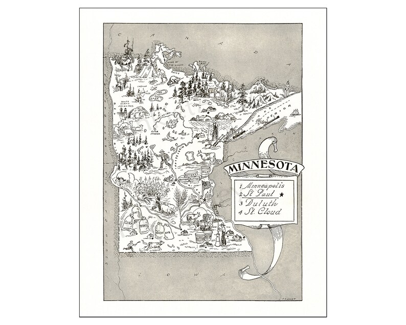 Vintage State Map of Minnesota Fun Pictorial Whimsical Cartoon Print ...