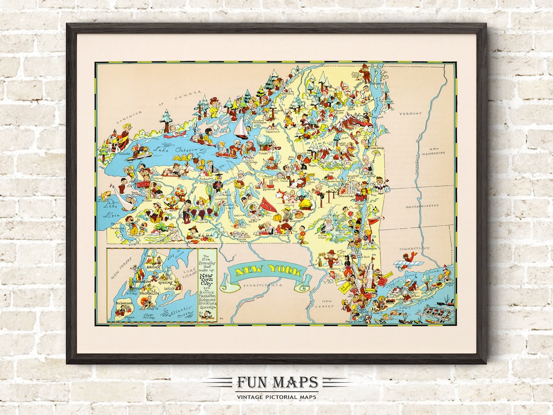 Fun State Map of New York – Vintage Pictorial Whimsical Cartoon Print ...