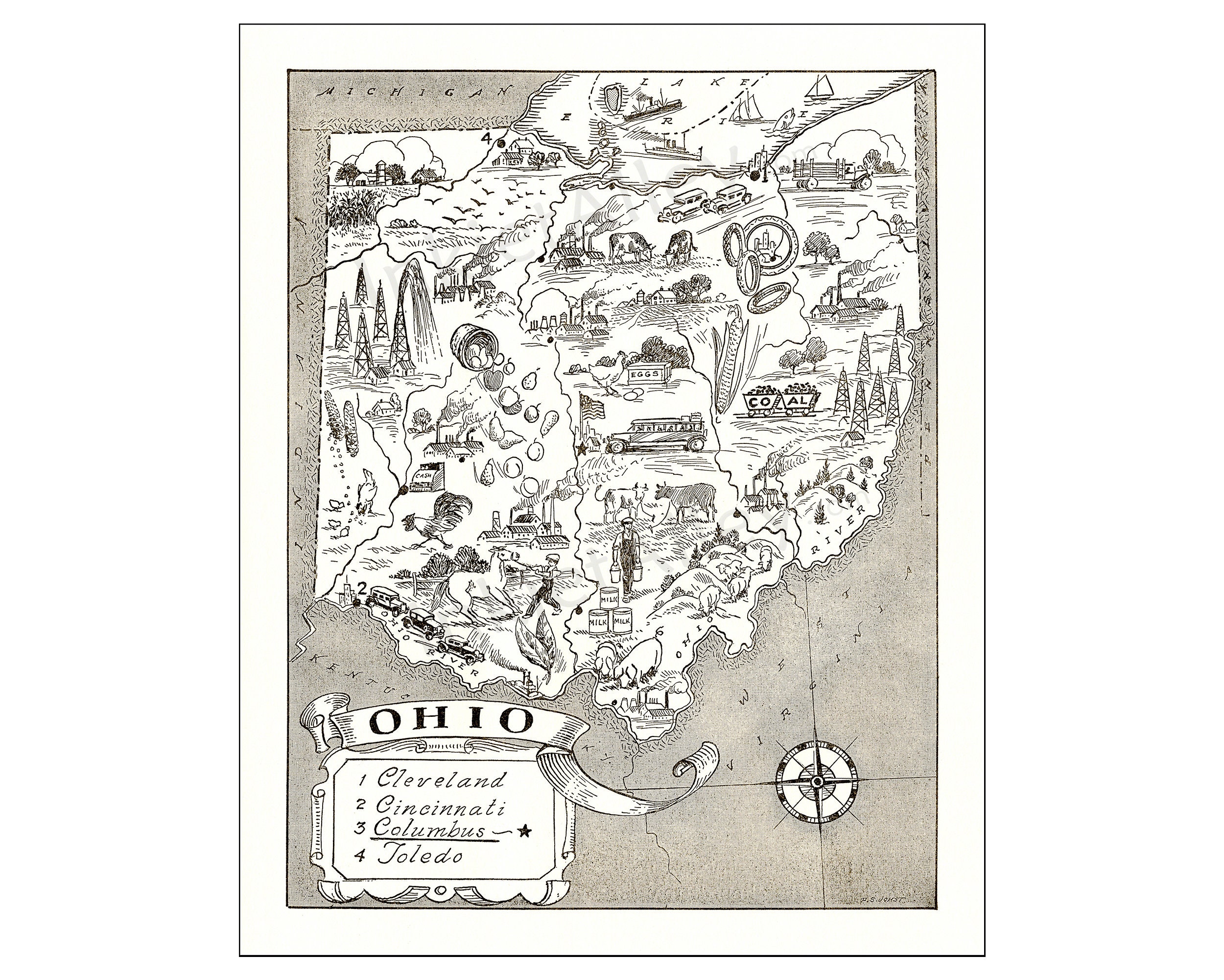 Vintage State Map of Ohio – Fun Pictorial Whimsical Cartoon Print ...