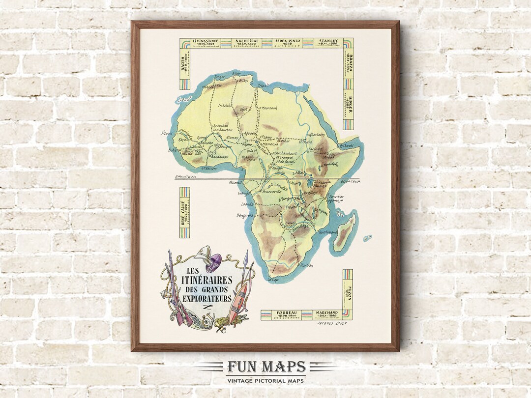 Fun Map of Africa Featuring Routes of the Great Explorers Vintage ...