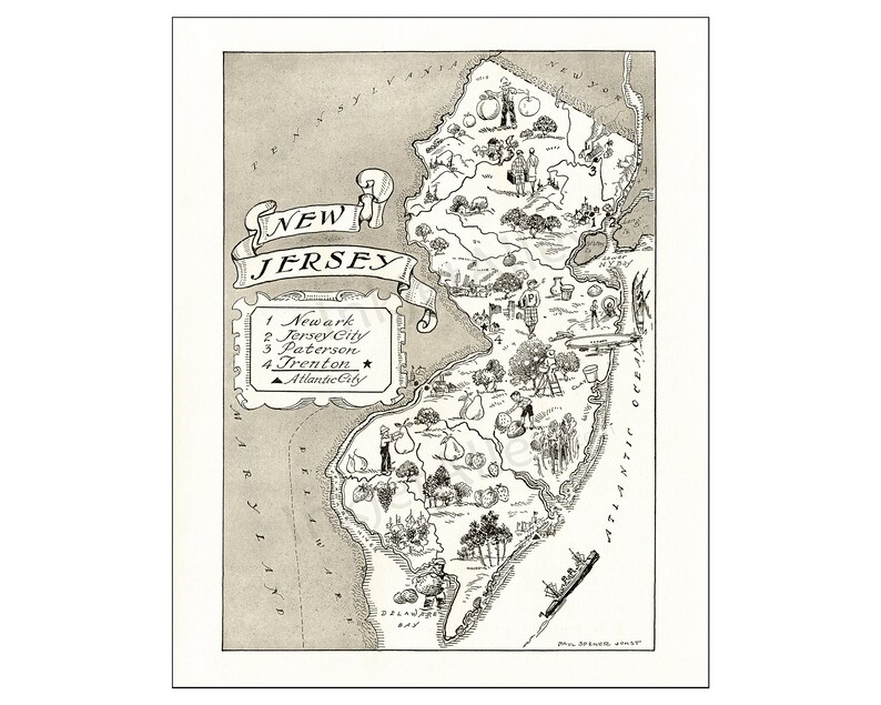 Vintage State Map of New Jersey Fun Pictorial Whimsical - Etsy