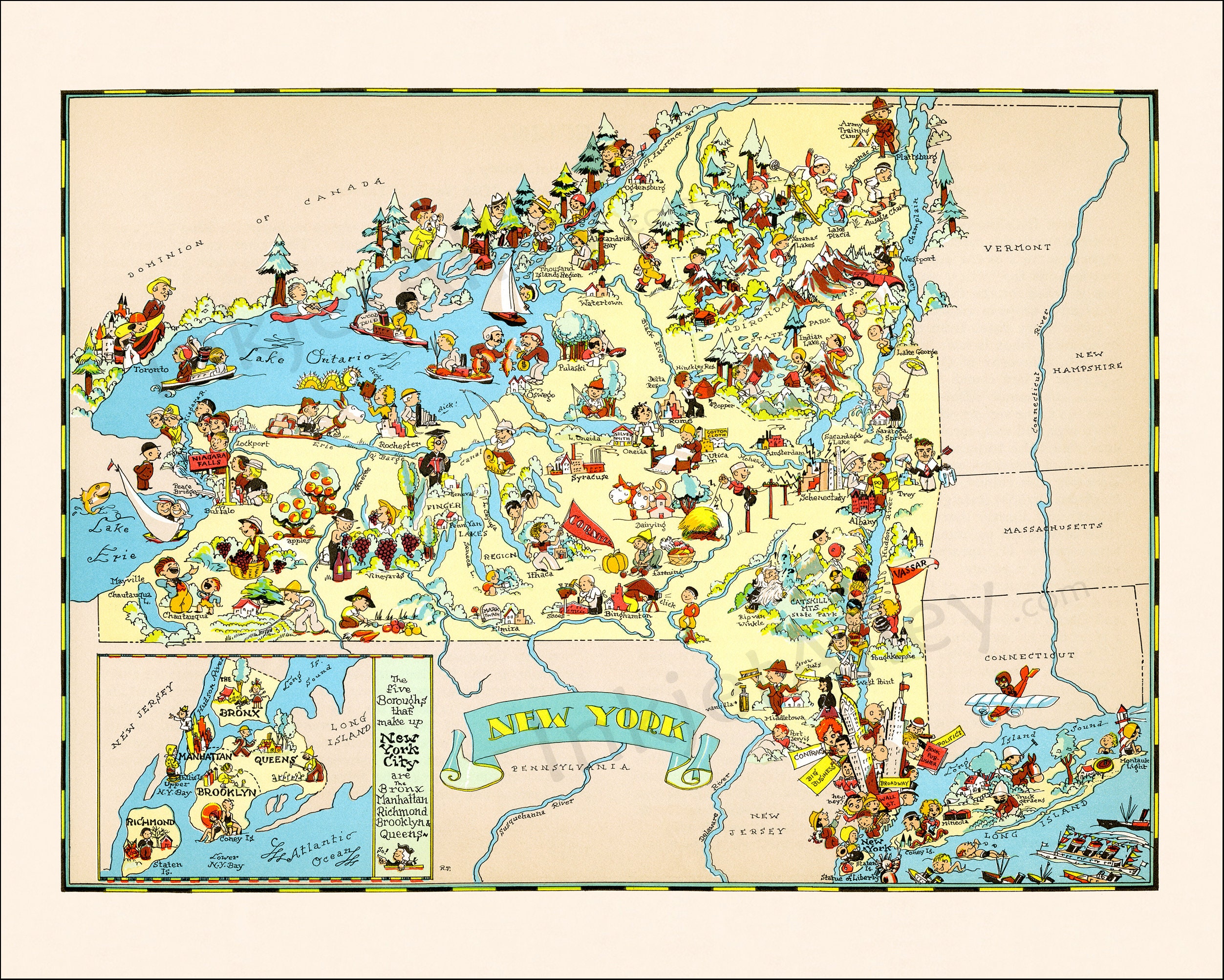 Fun State Map of New York – Vintage Pictorial Whimsical Cartoon Print ...