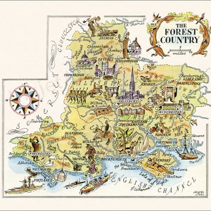Fun Map of the Forest Country in Great Britain, England, UK, Vintage ...