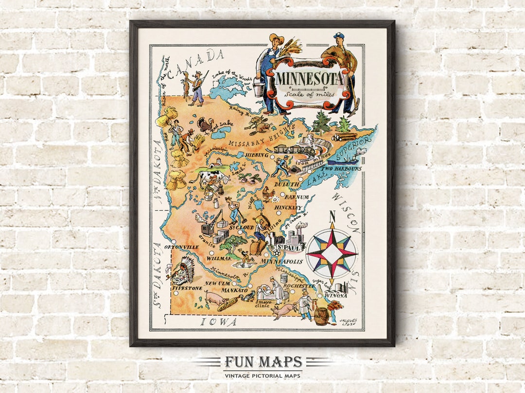 Fun State Map of Minnesota – Vintage Pictorial Whimsical Cartoon Print ...
