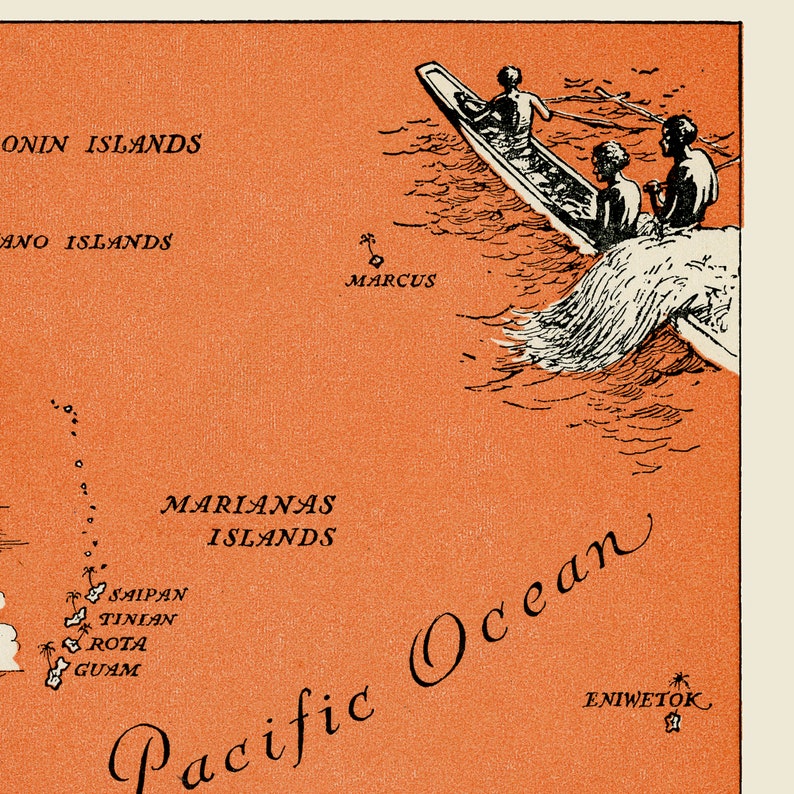 Map of Islands in Micronesia & Melanesia Fun Vintage Pictorial Animated ...