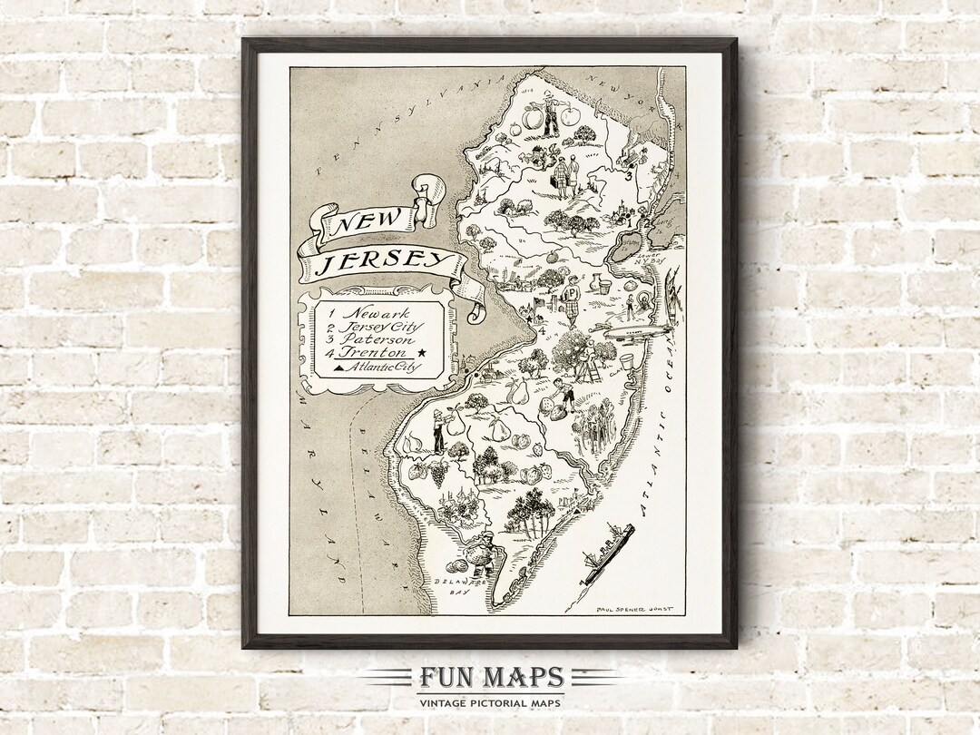 Vintage State Map of New Jersey – Fun Pictorial Whimsical Cartoon Print ...