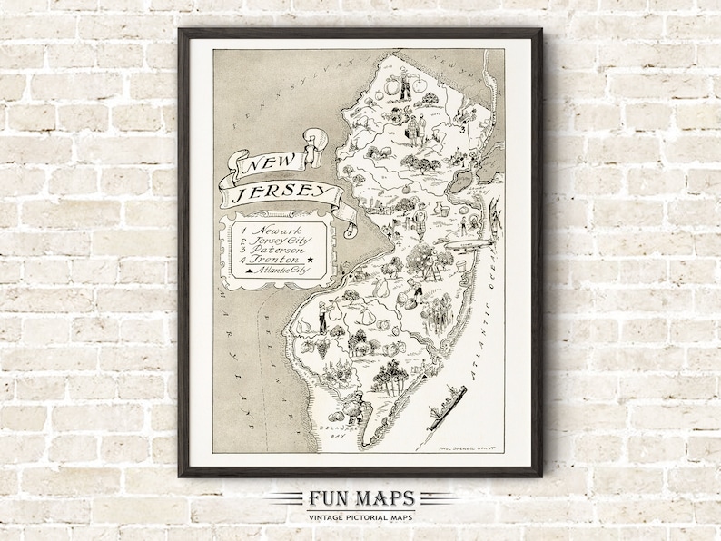 Vintage State Map of New Jersey Fun Pictorial Whimsical - Etsy