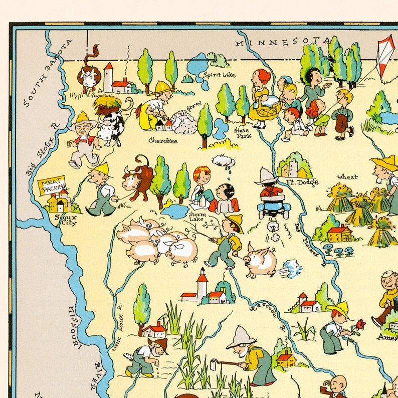 Fun State Map of Iowa Vintage Pictorial Whimsical Cartoon Print ...
