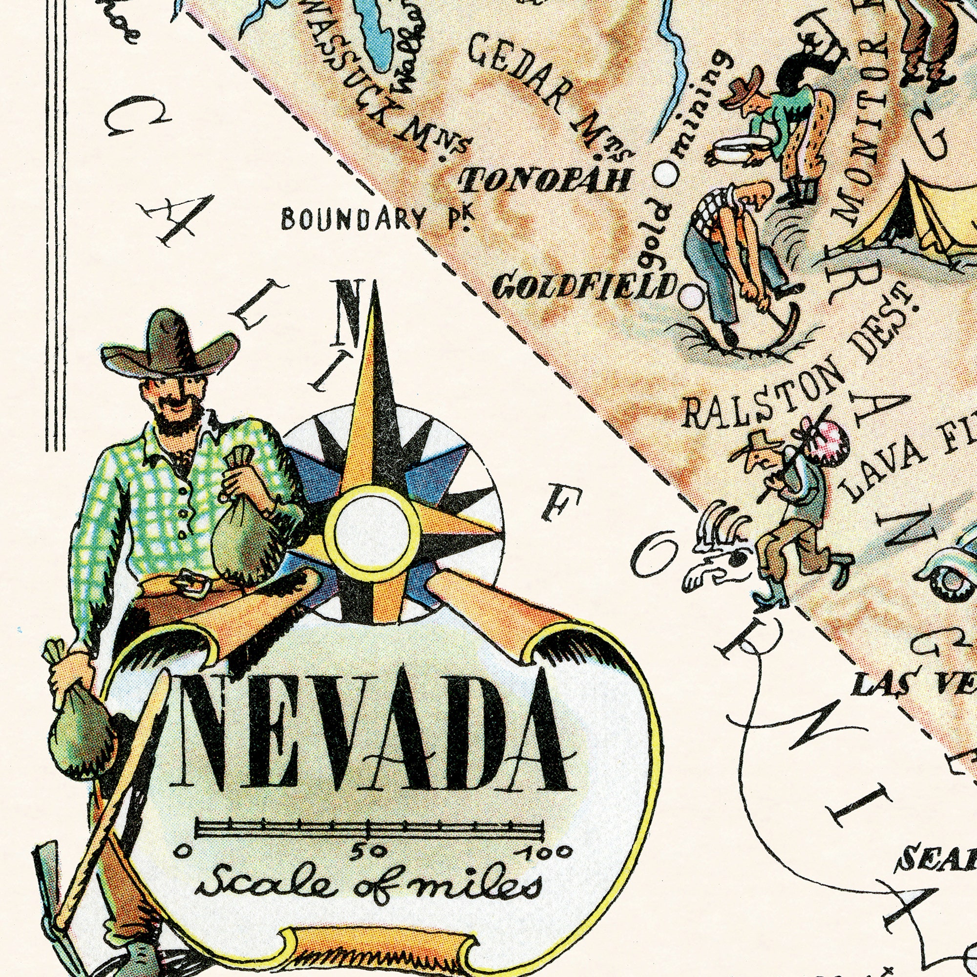 Fun State Map of Nevada – Vintage Pictorial Whimsical Cartoon Print ...