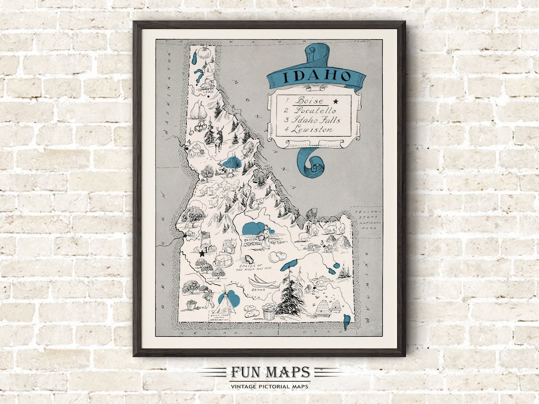 Fun Map of Idaho – Vintage Pictorial Whimsical Cartoon Print ...