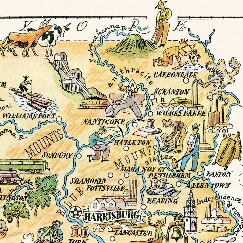 Fun State Map of Pennsylvania Vintage Pictorial Whimsical - Etsy