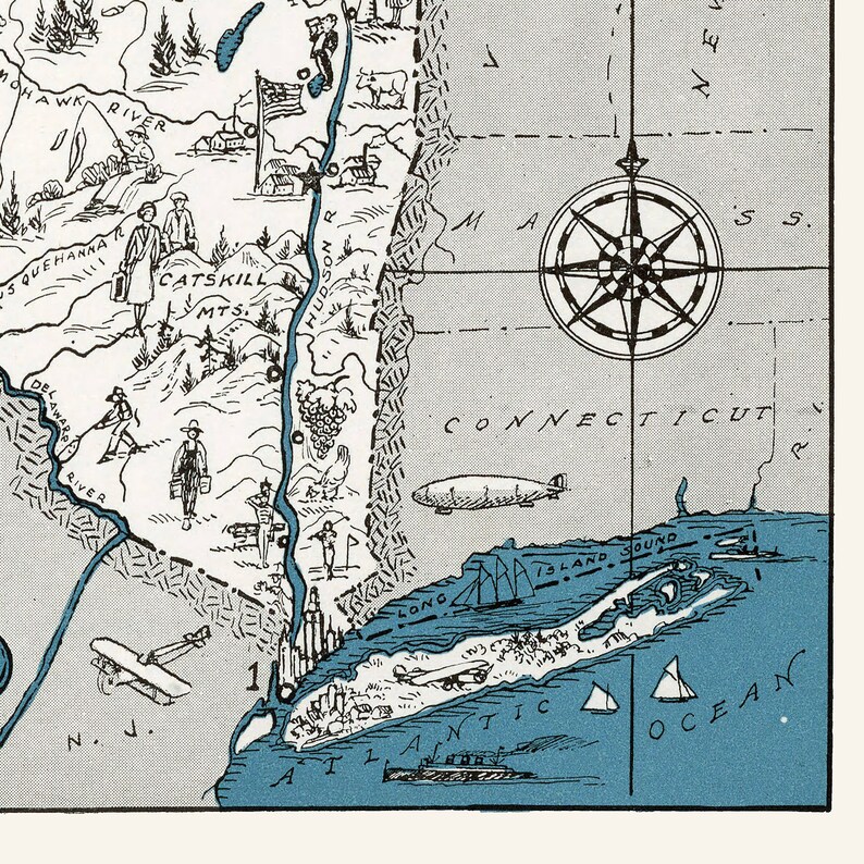 Fun Map of New York – Vintage Pictorial Whimsical Cartoon Print ...