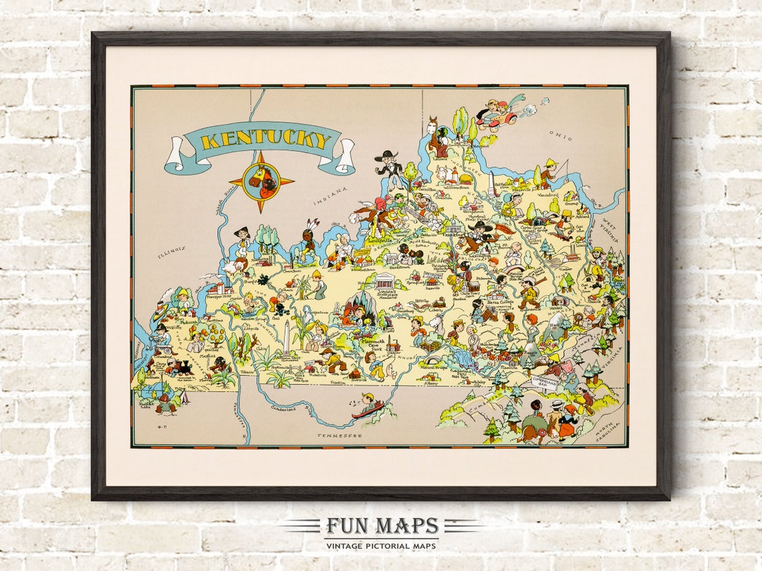 Fun State Map of Kentucky – Vintage Pictorial Whimsical Cartoon Print ...