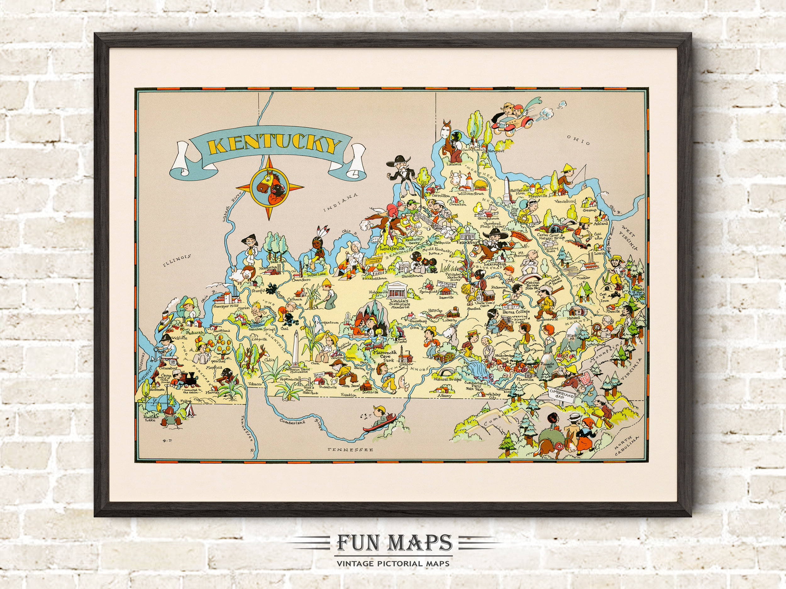 Fun State Map of Kentucky Vintage Pictorial Whimsical Cartoon Print ...