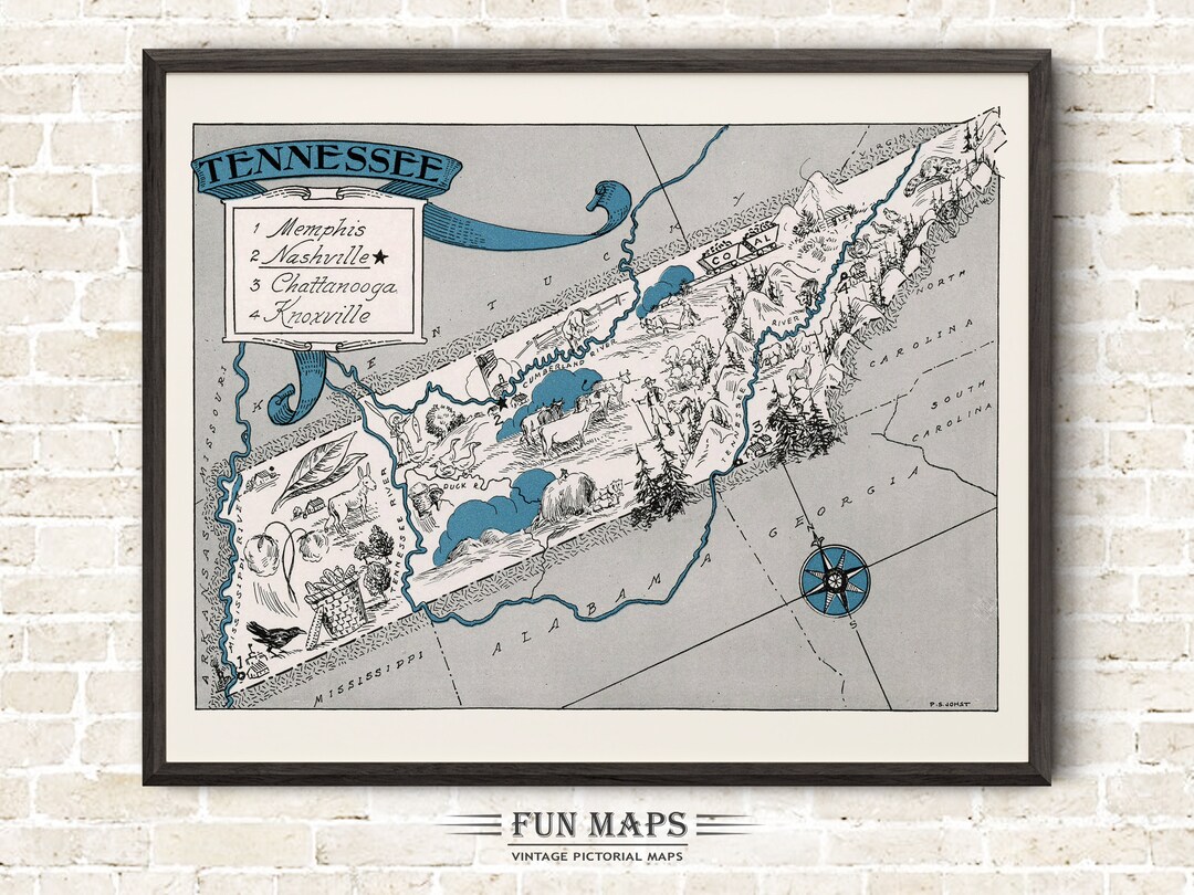 Fun Map of Tennessee – Vintage Pictorial Whimsical Cartoon Print ...